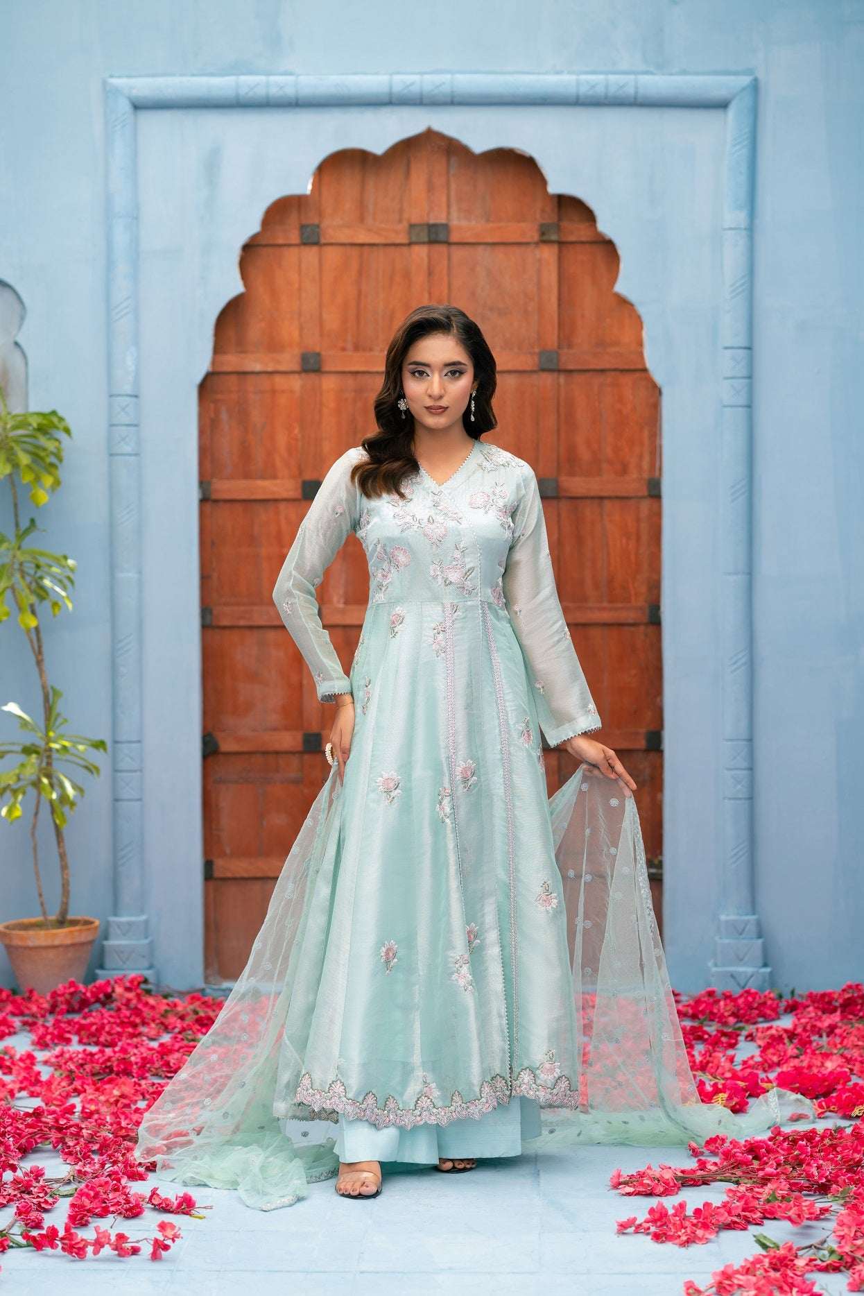 NF-6288 Ferozi Lama Tissue Stitched Frock